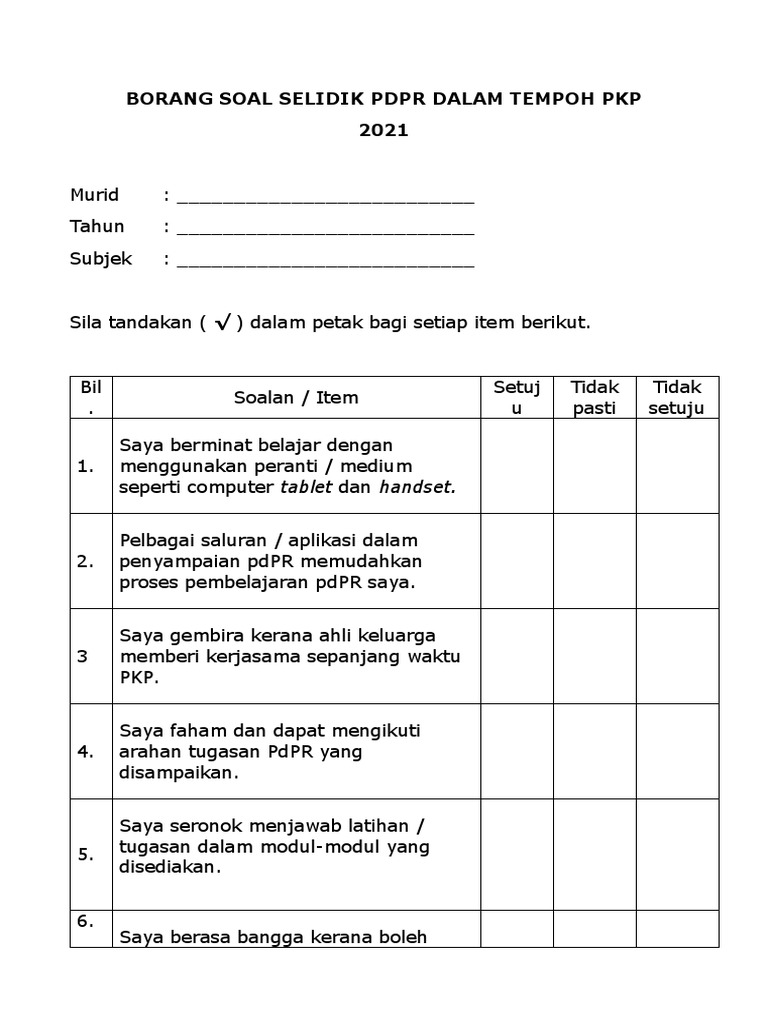 Borang Soal Selidik PDPR Dalam Tempoh PKP | PDF