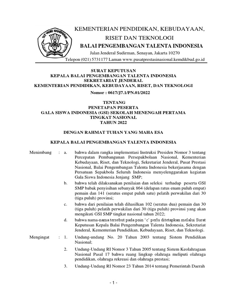 SK - Gsi - Penetapan Peserta Gsi SMP Tk. Nasional | PDF