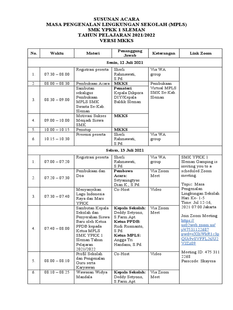 Susunan Acara Mpls 2021 2022 Mkks Pdf