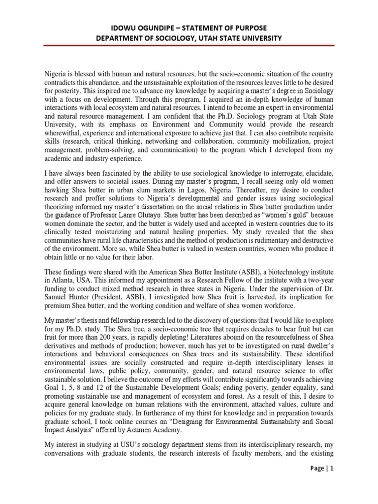Statement of Purpose Utah | PDF | Sustainability | Sociology