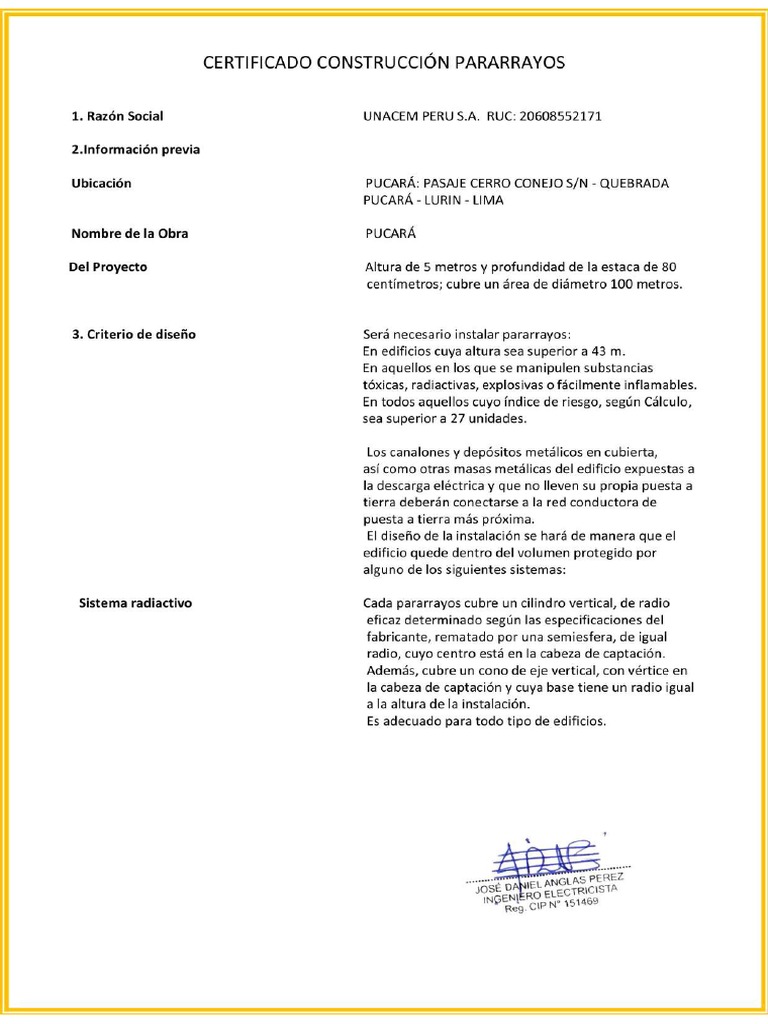 Certificado Construcción Pararrayos Pucara | PDF