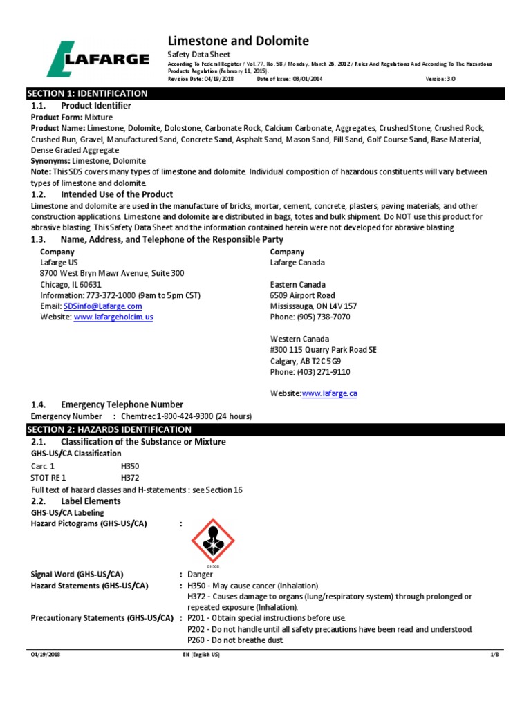 Aggregates - Limestone Dolomite Safety Data Sheet | Download Free PDF ...