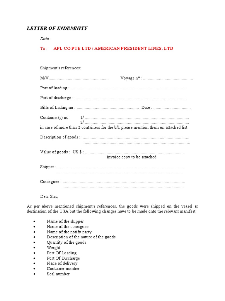 APL - LOI Letter - AMS | Download Free PDF | Indemnity | Bill Of Lading