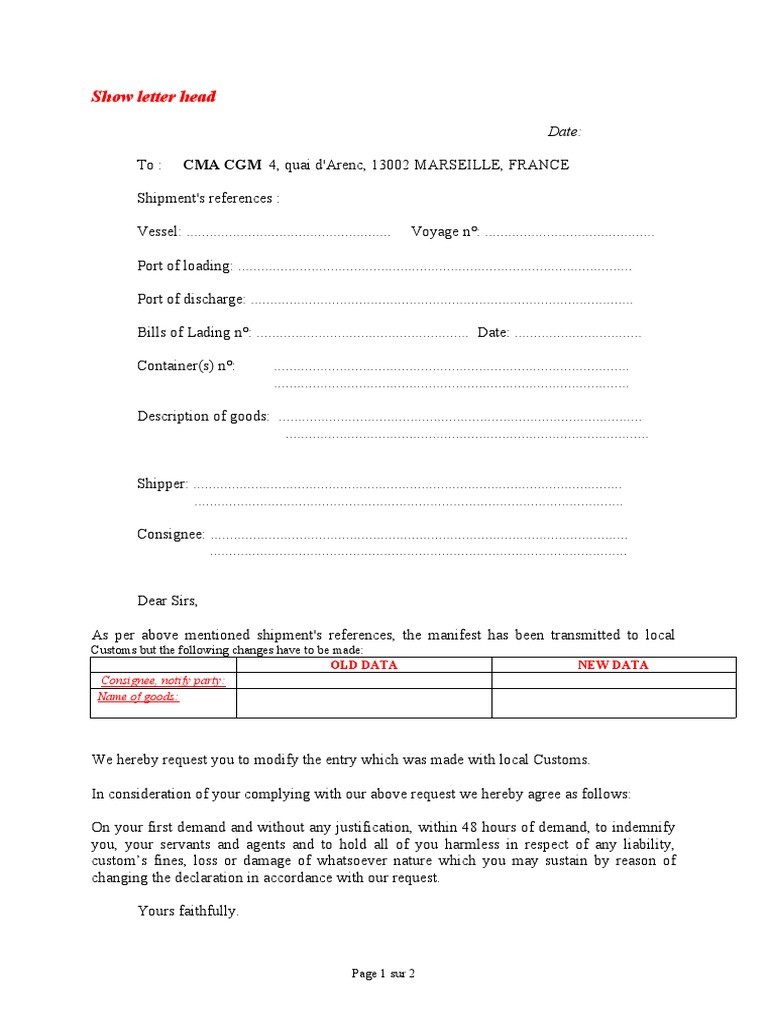 CMA - LOI - Amending BL EU | PDF | Bill Of Lading | Trade