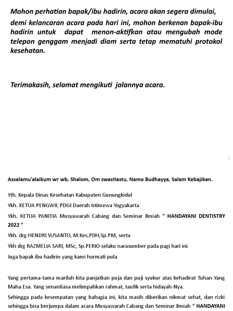 Text MC Seminar Ilmiah Handayani Dentistry 2022 | PDF