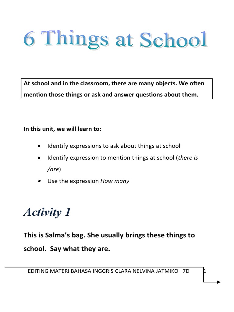 Things at School ANINDYA 7D Ba | PDF | Classroom