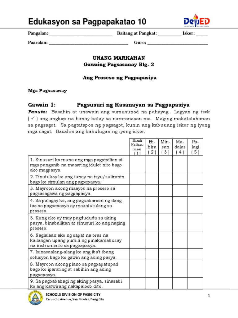 EsP 10 Q1 G.pagsasanay 2 | PDF