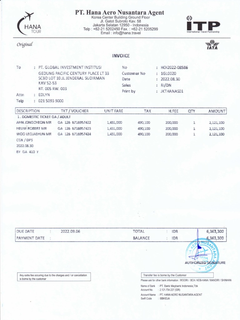 Hana-Flight Ticket Ahn JC, Robert & Woo JH CGK-DPS | PDF