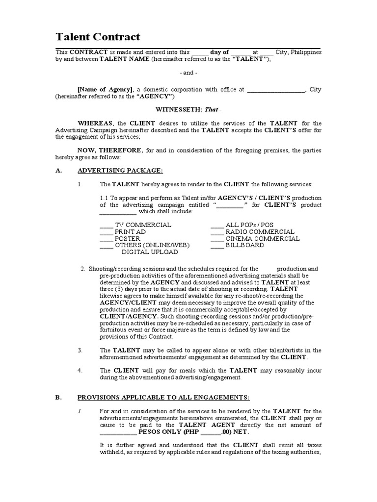 Talent Contract | PDF | Damages | Justice
