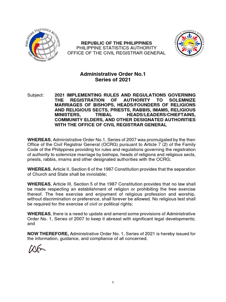 Administrative Order No. 1, Series of 2021 | PDF | Marriage | Fine ...