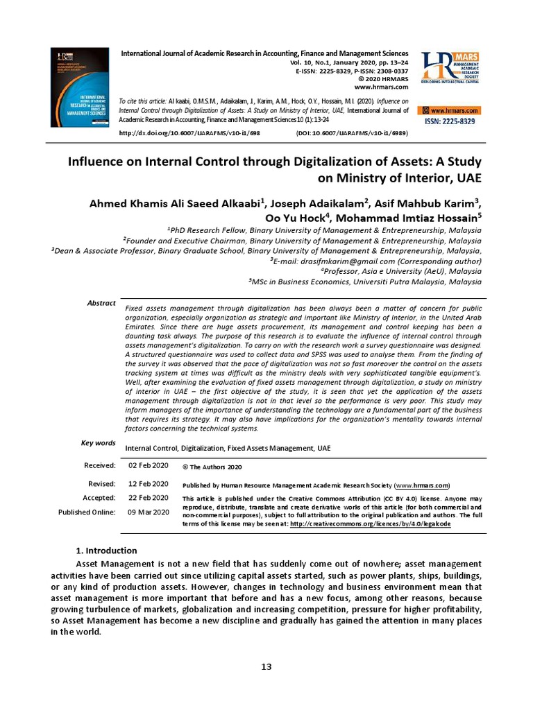 Influence on Internal Control Through Digitalization of Assets a Study on Ministry of Interior ...