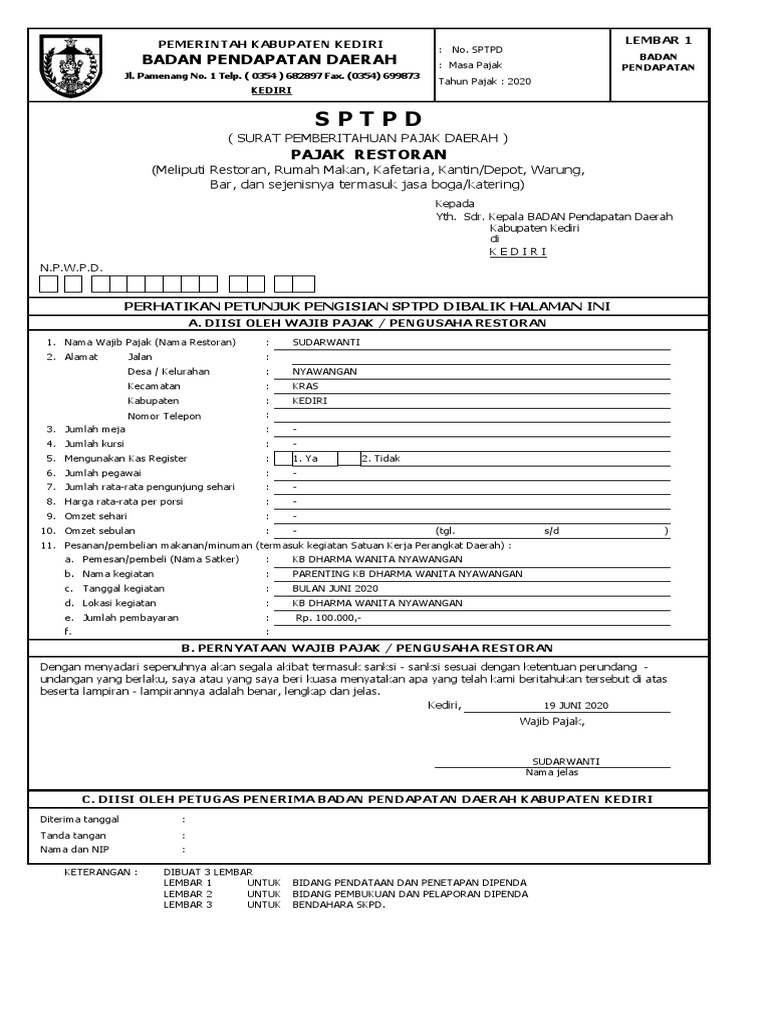 Sptpd-Pajak-Restoran Parenting.2 2020 | PDF