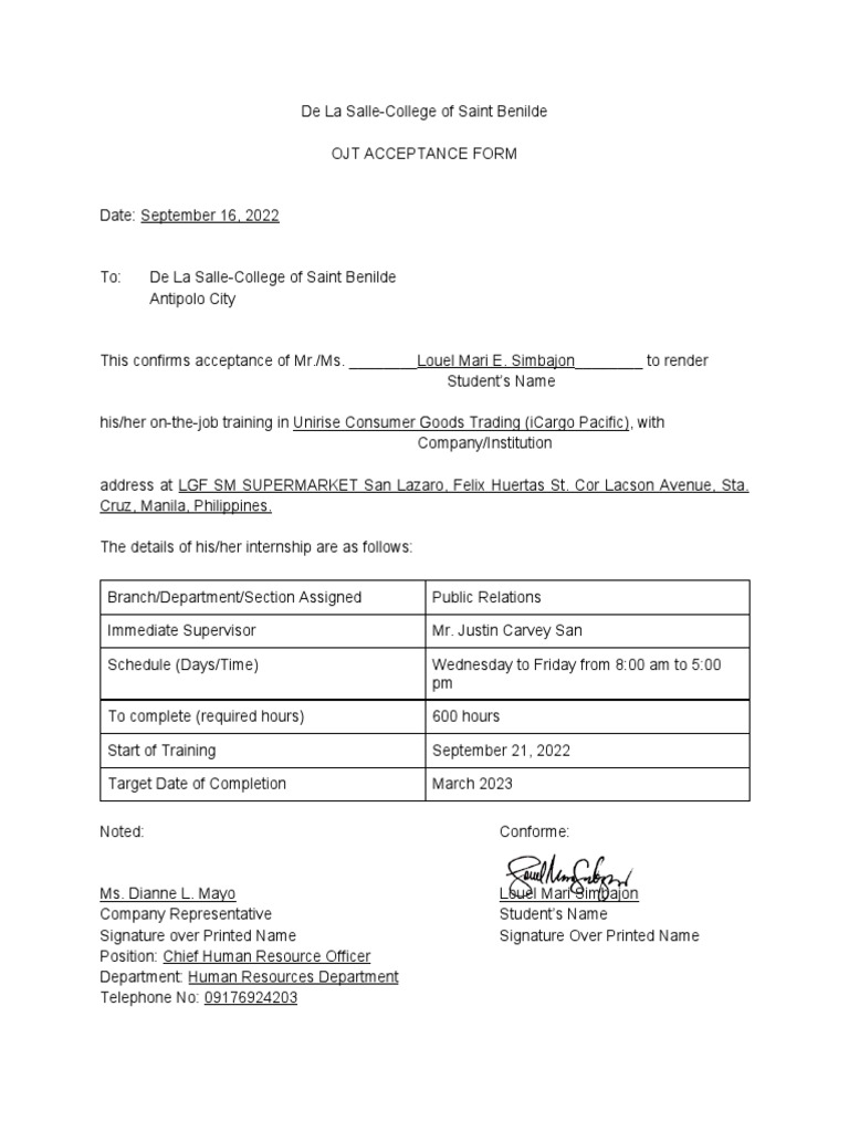 Simbajon Ojt Acceptance Form | PDF | Social Science | Wellness