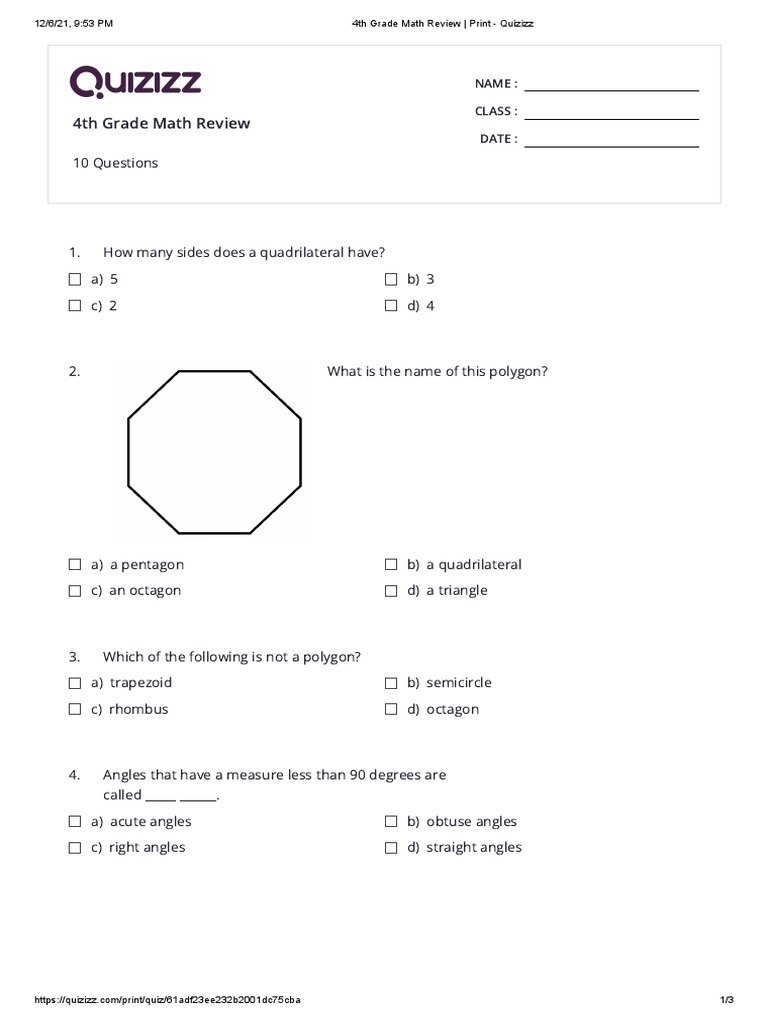 4th Grade Math Review Quizizz | PDF | Rectangle | Polytopes