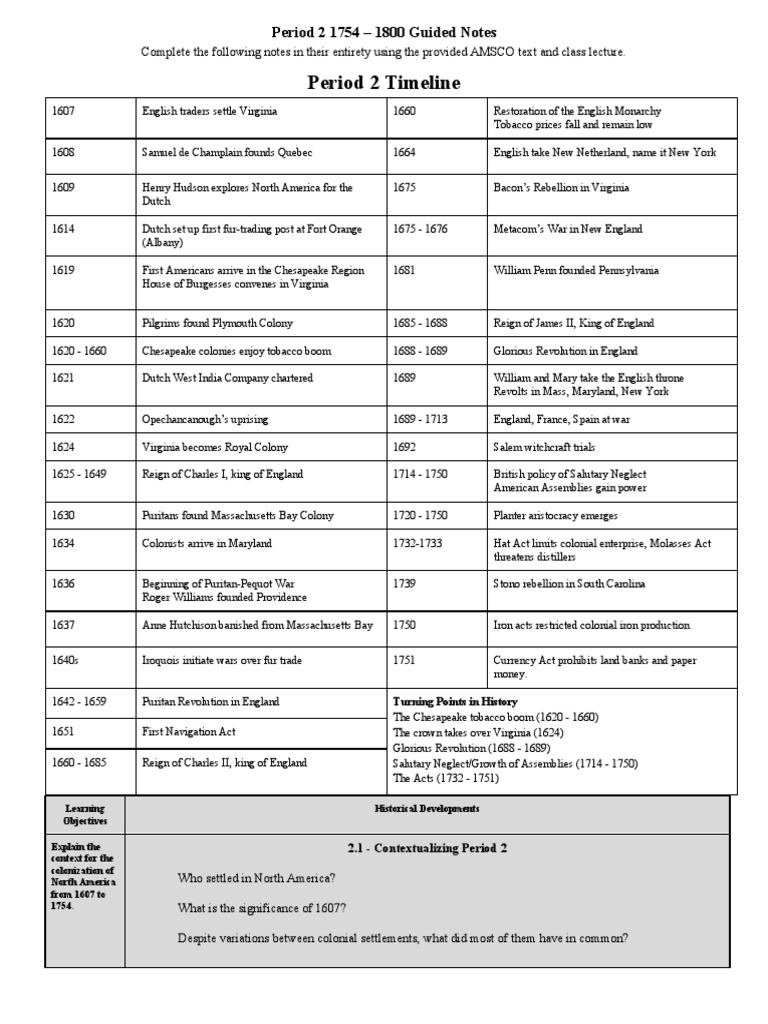 APUSH - Period 2 - Guided Notes (2023) | PDF | New France | Slavery