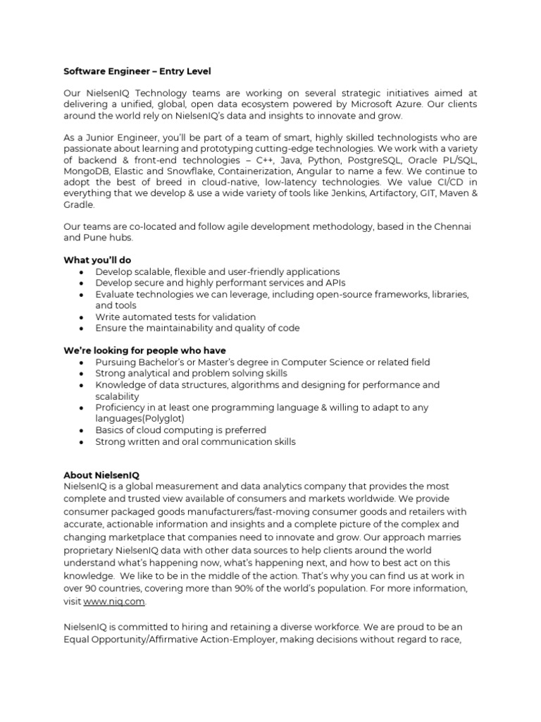 NielsenIQ Job Description - Entry Level Engineer | PDF | Cloud ...