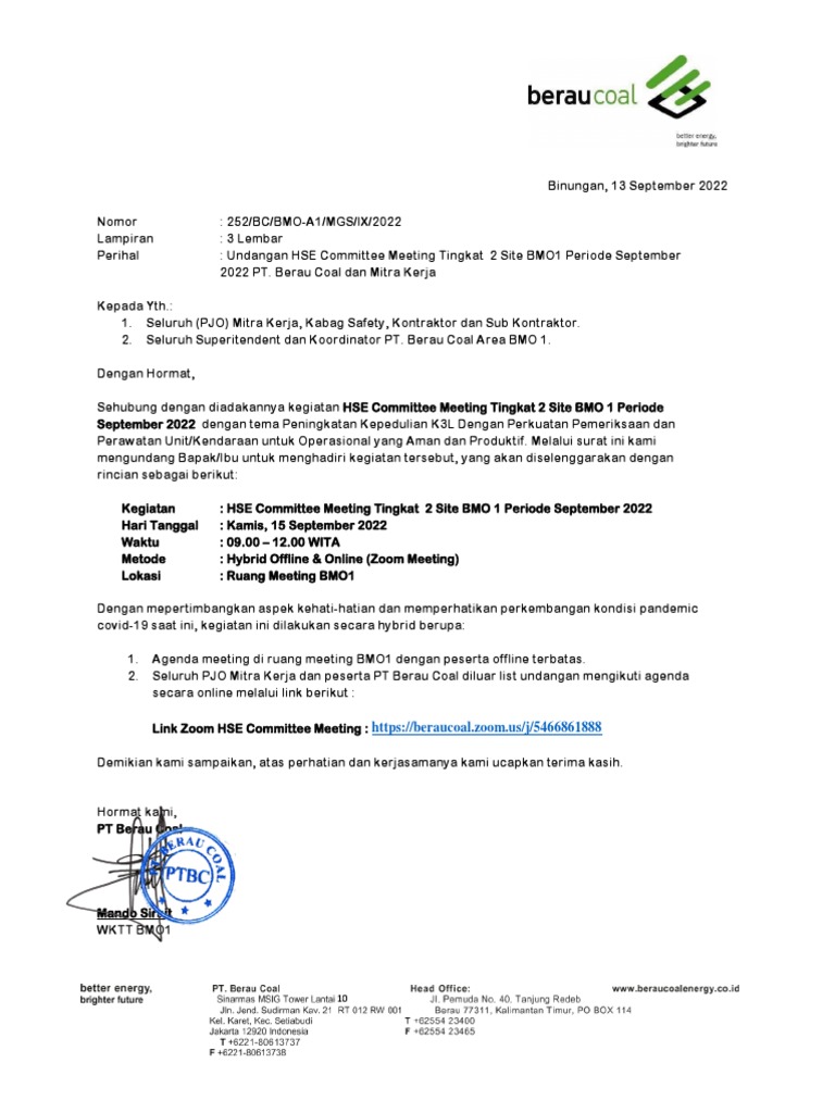 Undangan HSE Committee Meeting BMO1 September | PDF | Sains & Matematika | Teknologi & Rekayasa