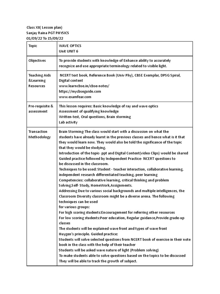 Class XII (Lesson Plan) | PDF | Critical Thinking | Teaching Method