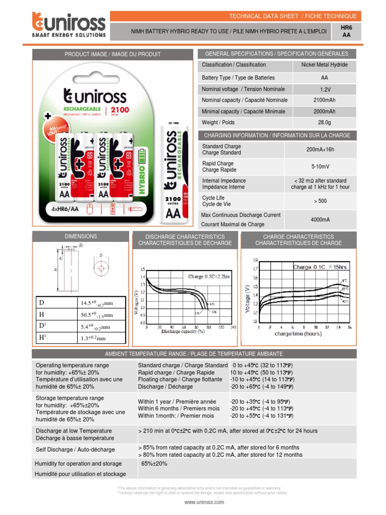 Data Sheet - UNIROSS AA 2100 NIMH HYBRIO RTU | PDF | Rechargeable ...