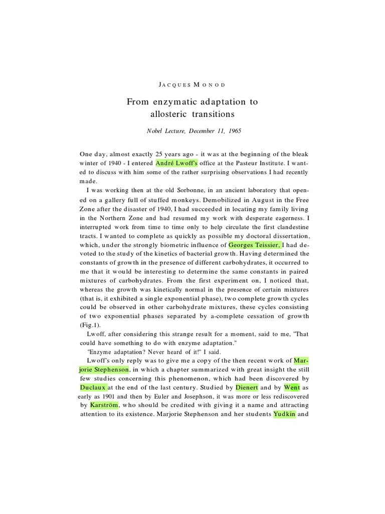Jm Enzymatic Adaptation And Allosteric Transitions Pdf Enzyme Gene
