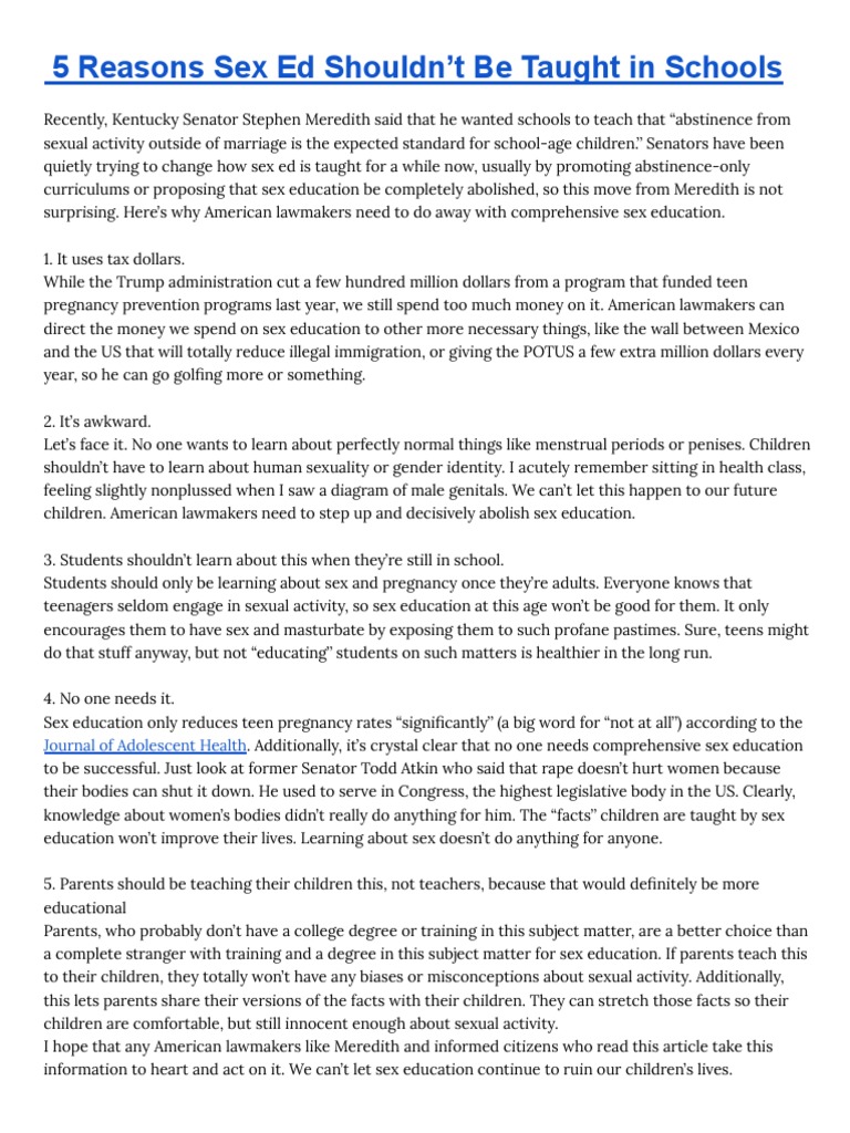 5 Reasons Sex Ed Shouldn't Be Taught in Schools | PDF | Sex Education ...