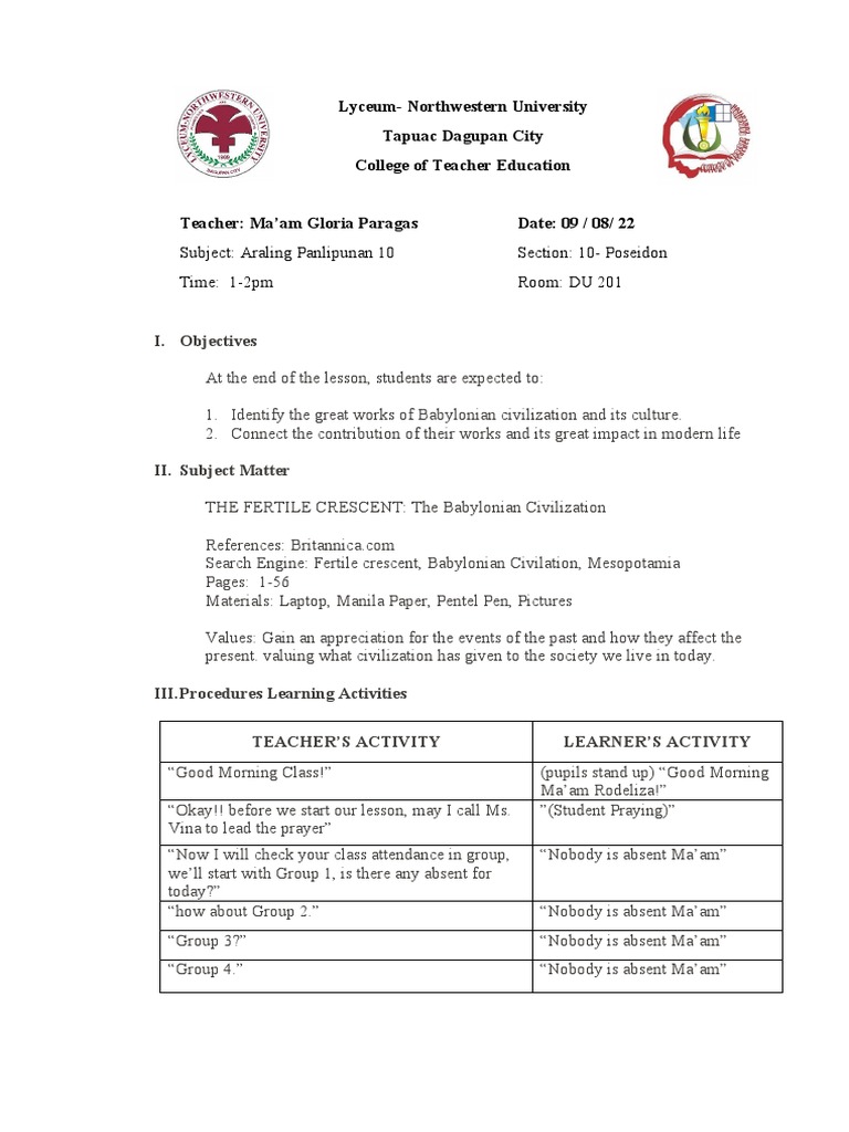 Detailed Lesson Plan 1 MESOPOTAMIA | PDF | Babylonia | Hammurabi