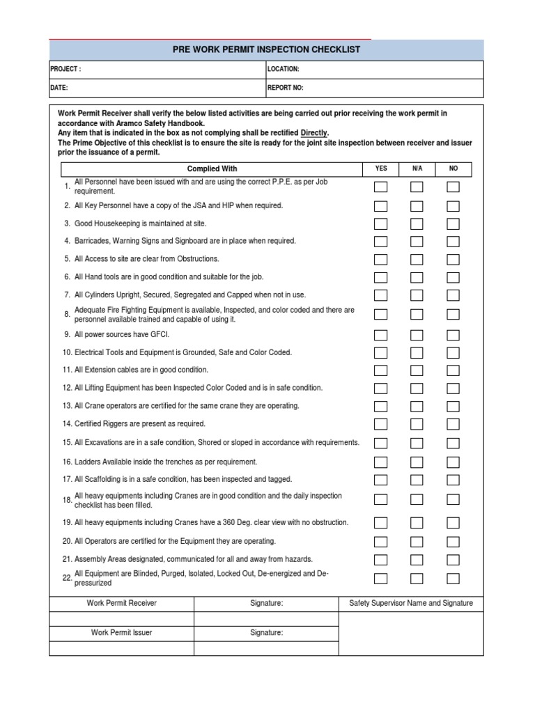 PRE Work Permit Checklist | PDF | Crane (Machine) | Safety