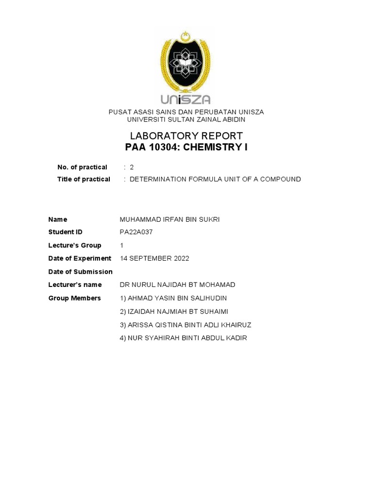Lab 2 Chemistry (Determination Formula Unit of Compound) | PDF ...