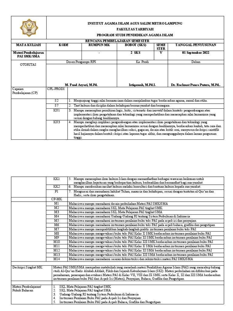 RPS Materi Pembelajaran PAI Di SMK SMA | PDF | Seni
