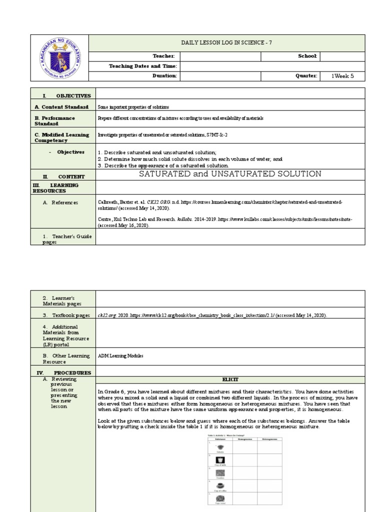 Science 7 DLL q1 - Week - 5 . | PDF | Solubility | Mixture