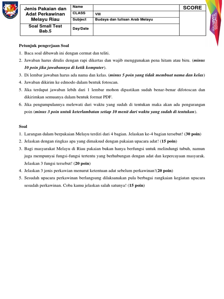 Soal ST BMR Bab.5 (Jenis Pakaian Dan Adat Perkawinan Melayu Riau) Kelas 8 - 3 | PDF | Seni ...