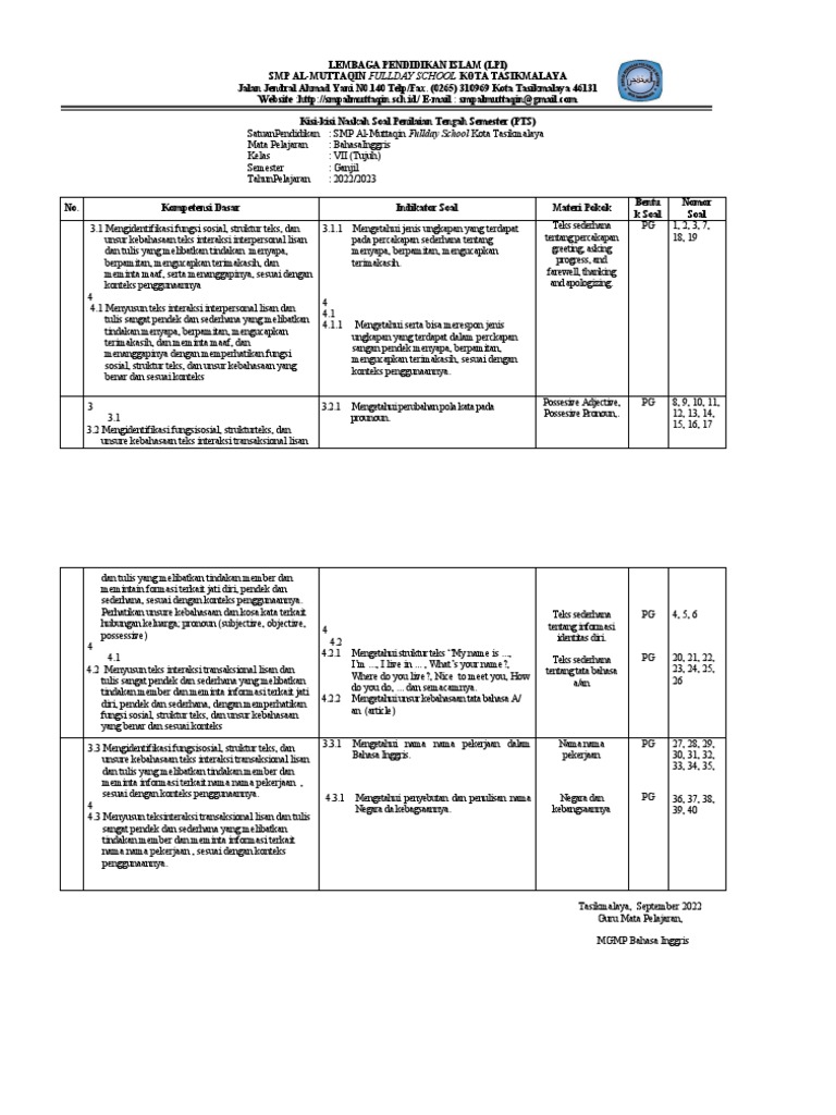 Kisi-Kisi PTS Ganjil 2022-2023 | PDF