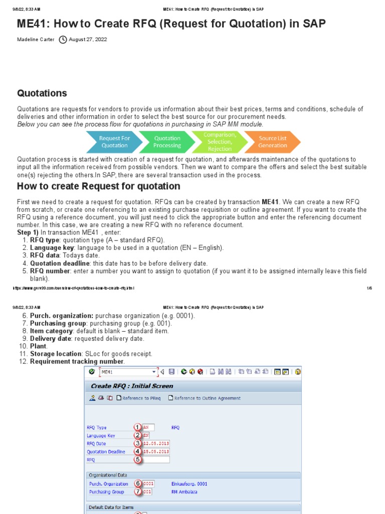 13 ME41 - How To Create RFQ (Request For Quotation) in SAP | Download Free PDF | Information ...