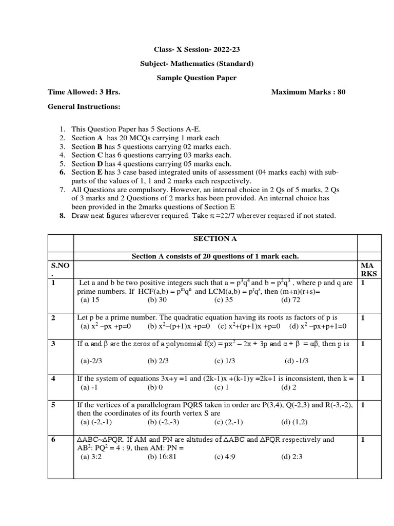 Mathematics Sample Question Paper: An Analysis of Question Types and ...