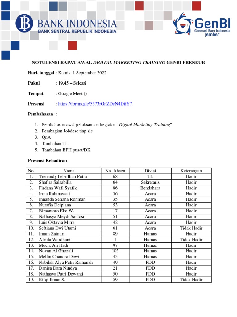 Notulensi Rapat Awal Digital Marketing Training Genbi Preneur-1 | PDF