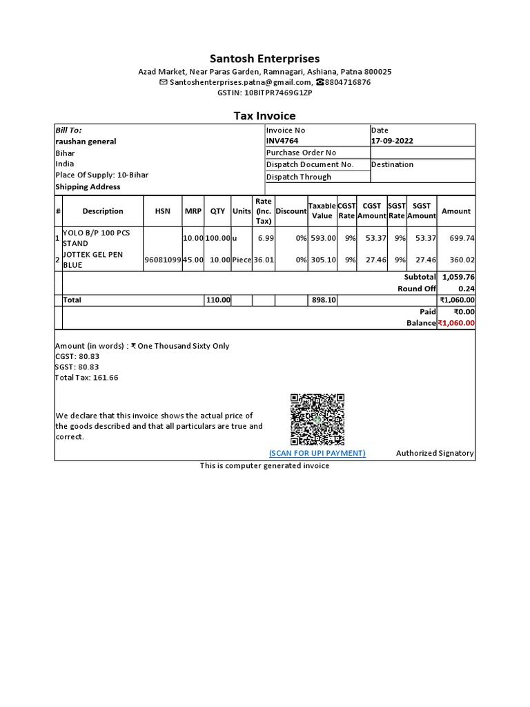 Tax Invoice for the Sale of Stationery Items from Santosh Enterprises to Raushan General | PDF ...
