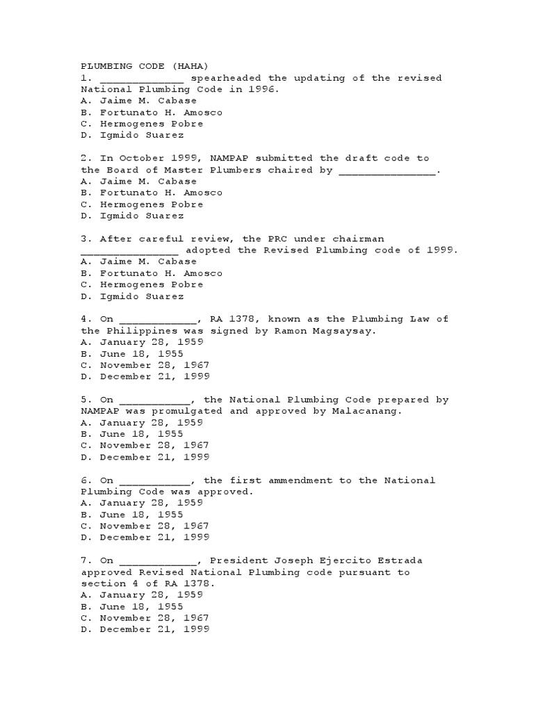 Plumbing Code EXAM 1 | PDF | Sewage | Sanitary Sewer