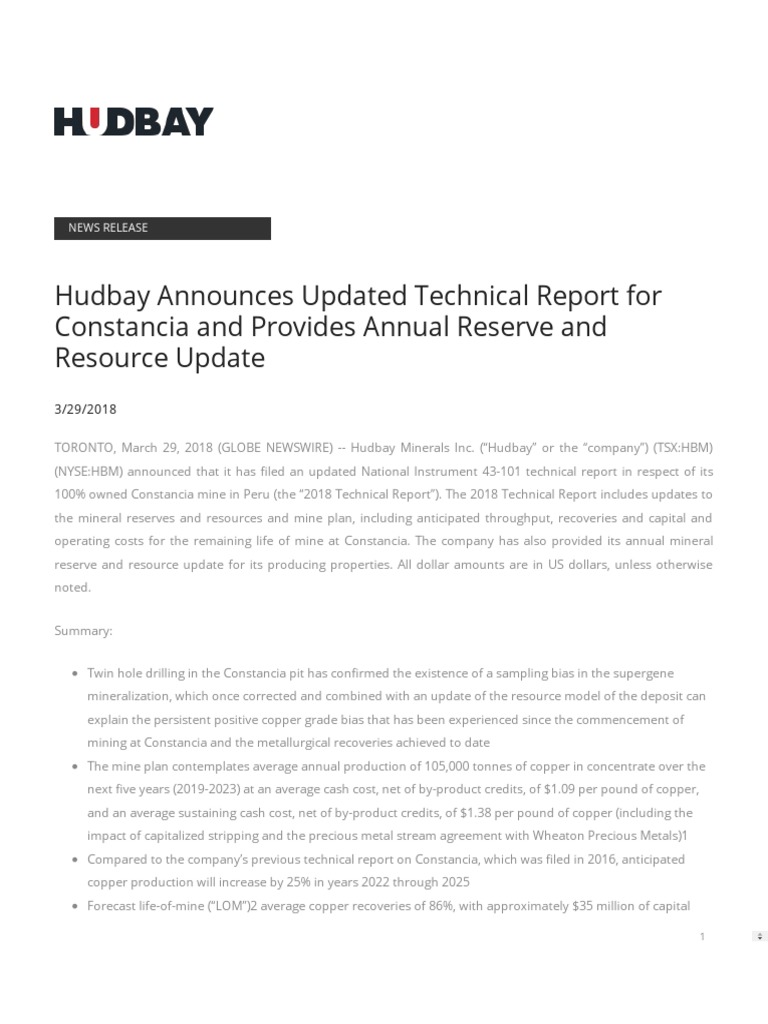 Hudbay Announces Updated Technical Report for Constancia Mine with Increased Copper Production ...