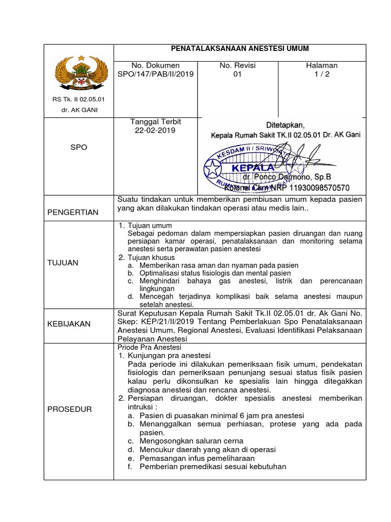 60.spo Penatalaksanaan Anestesi Umum | PDF