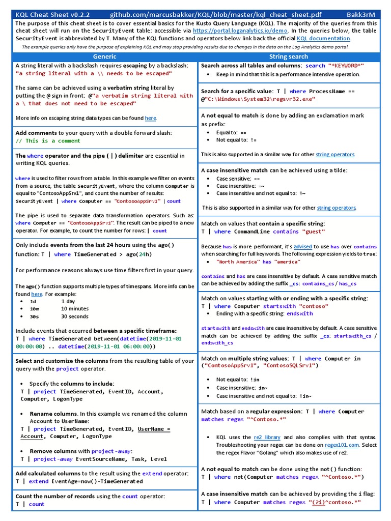 KQL Cheat Sheet v01 | PDF | Regular Expression | Computer Programming