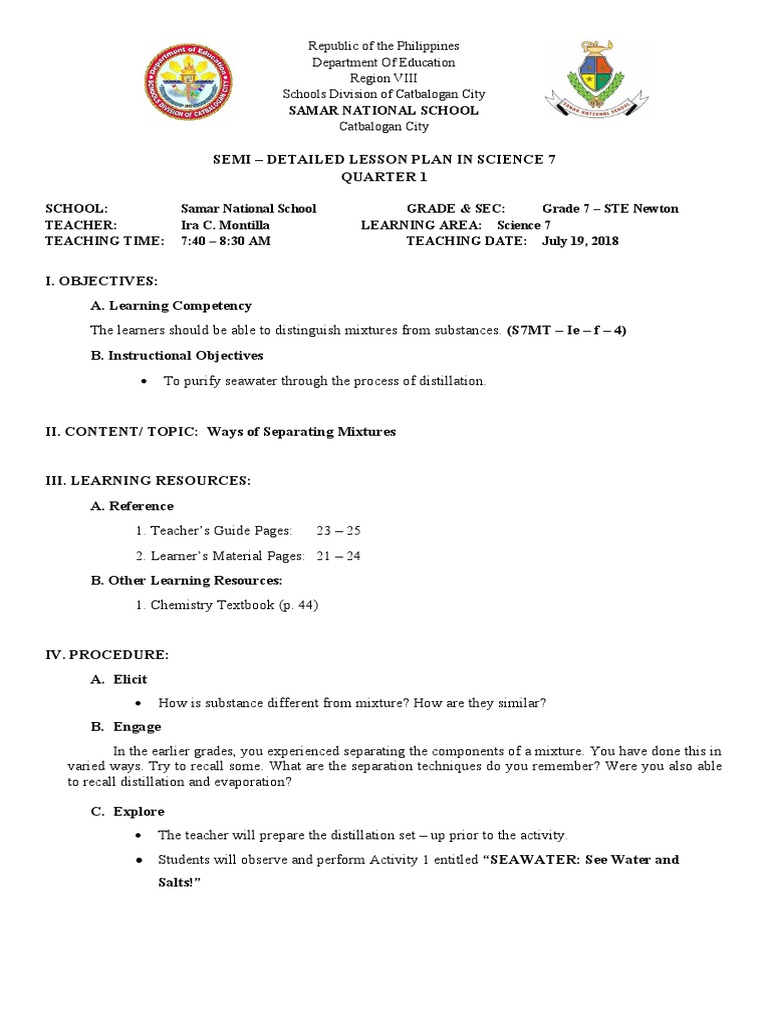 Lesson Plan On Distillation Process | PDF | Distillation | Lesson Plan