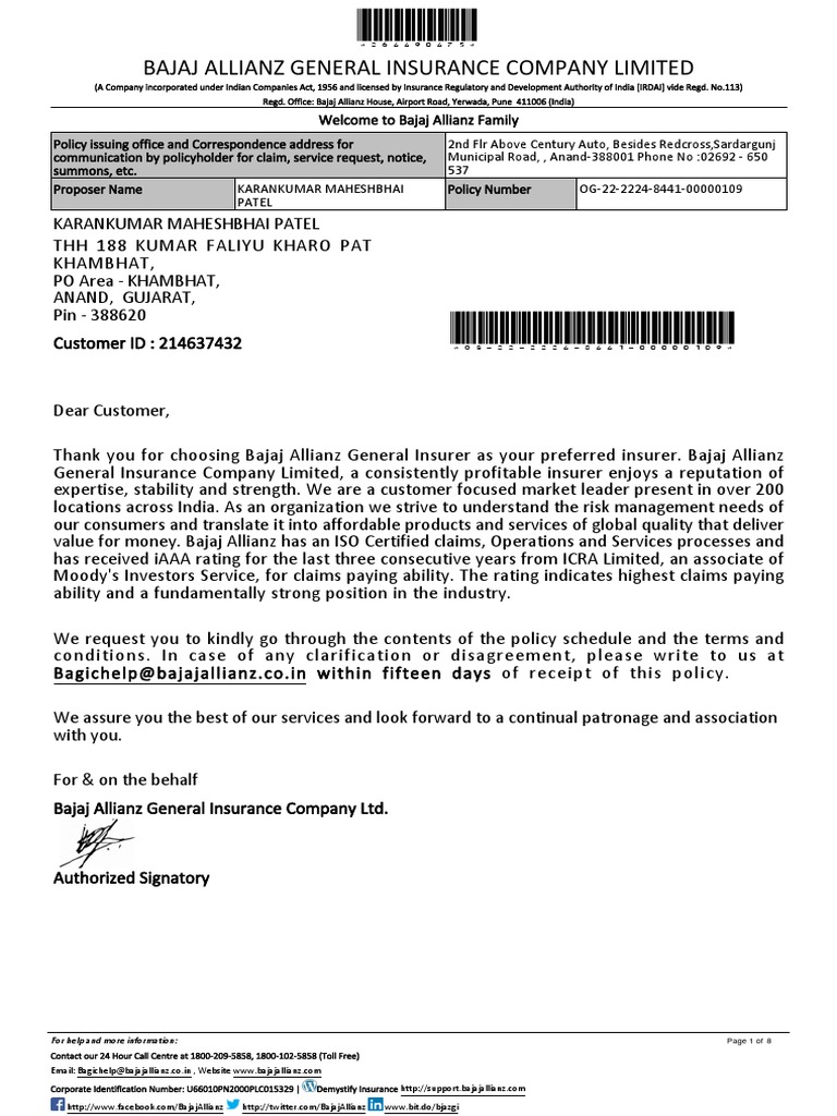 Bjaz SP Policy Schedule | PDF | Insurance | Identity Document