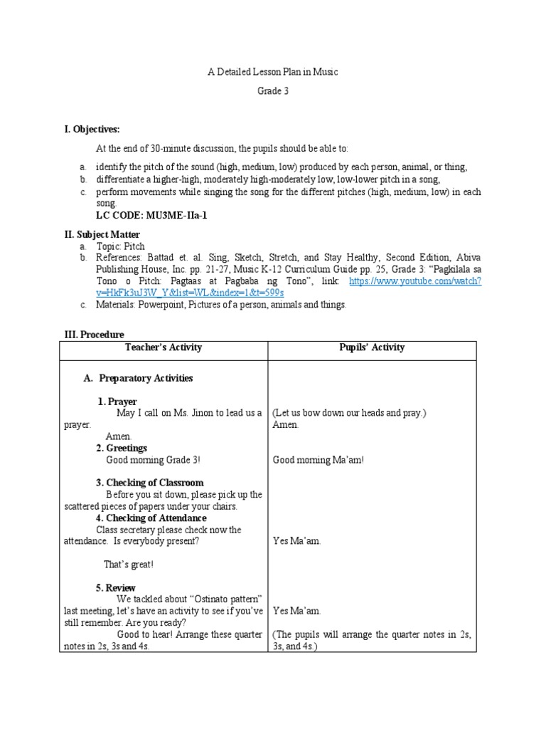 A Detailed Lesson Plan in Music | PDF | Pitch (Music) | Sound