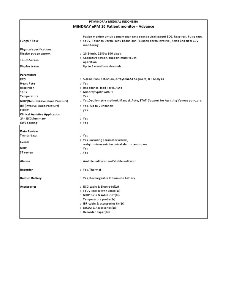 Spesifikasi Pasien Monitor - ePM 10 Advance | PDF
