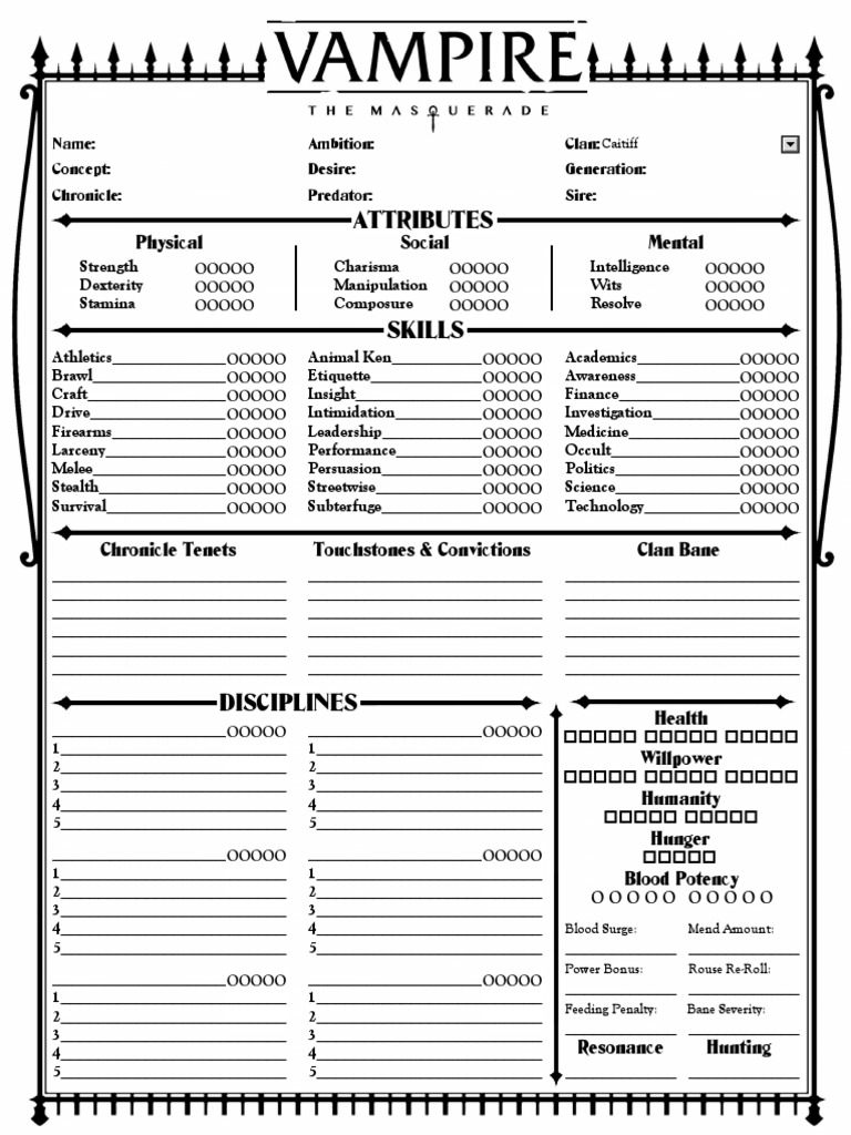 Vampire 5th Edition Caitiff Character Sheet | PDF | Role Playing Games