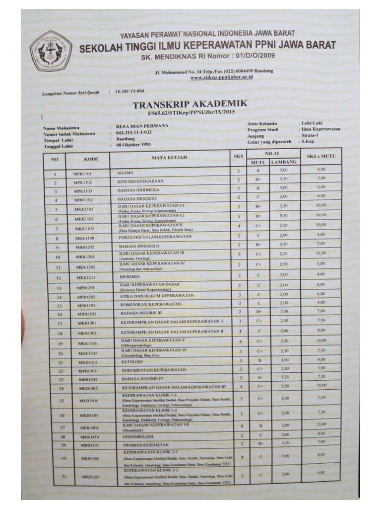 Transkrip Nilai S1 Dan Ners | PDF