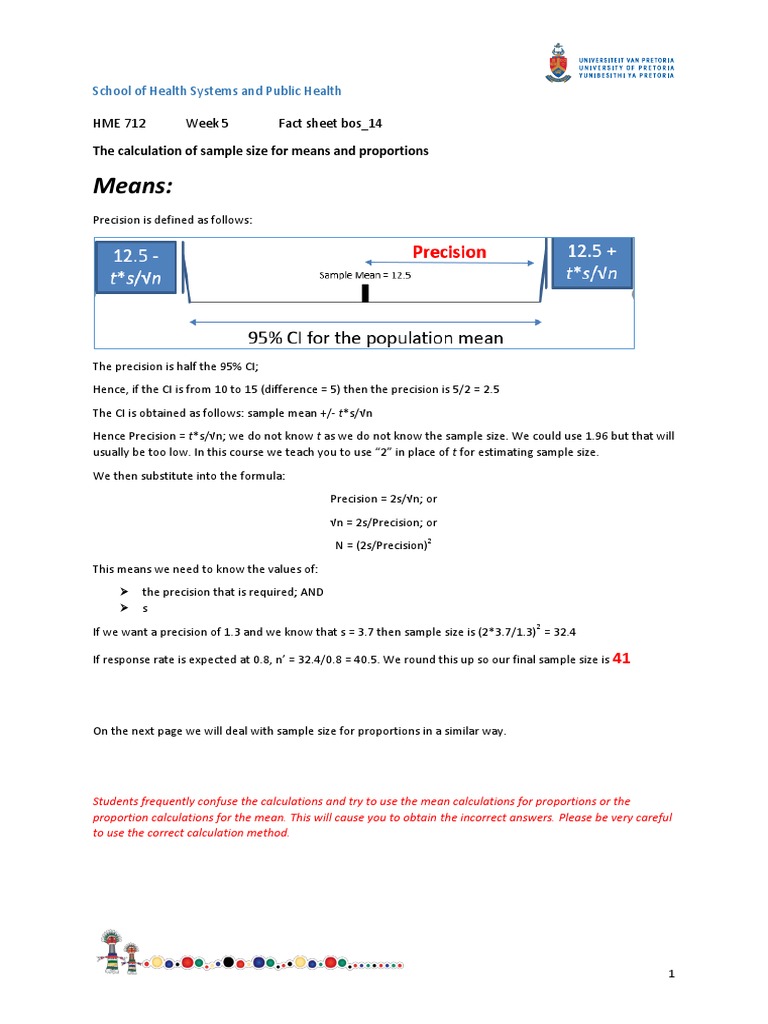 Calculating Sample Sizes for Means and Proportions | PDF | Sample Size Determination | Mean