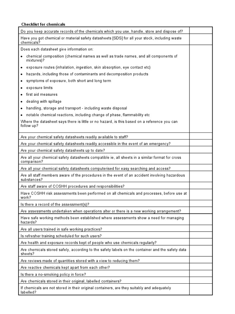 Checklist For Chemicals | PDF | Health Sciences | Safety