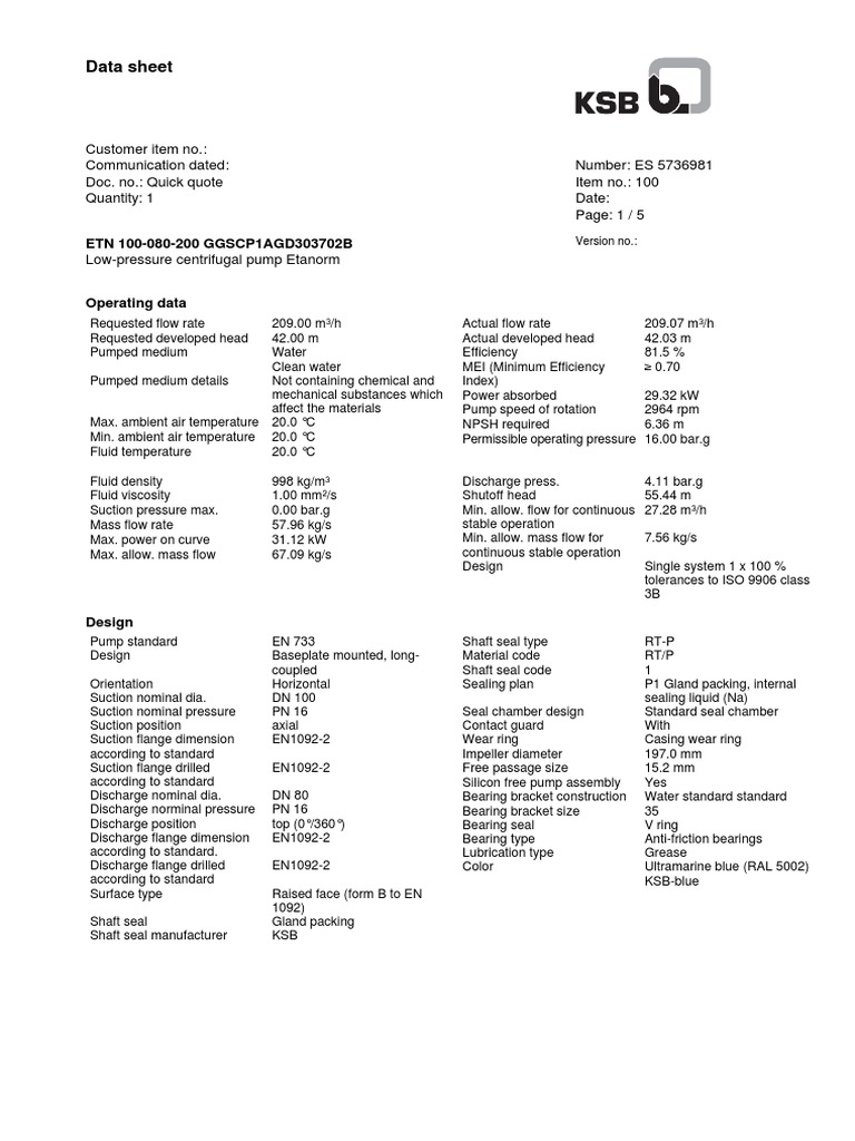 Data Sheet | PDF | Pump | Bearing (Mechanical)