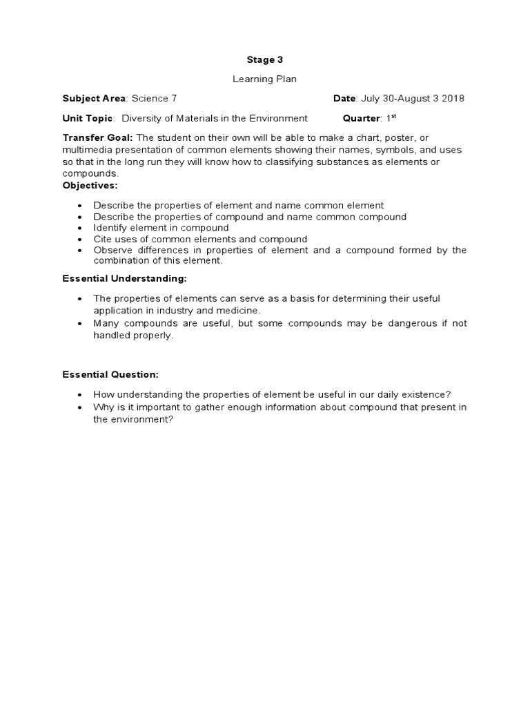 Unit Plan 2 | PDF | Chemical Elements | Chemical Substances